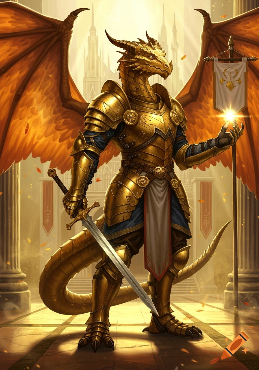 A golden dragonborn paladin in ornate armor holding a sword and a ...