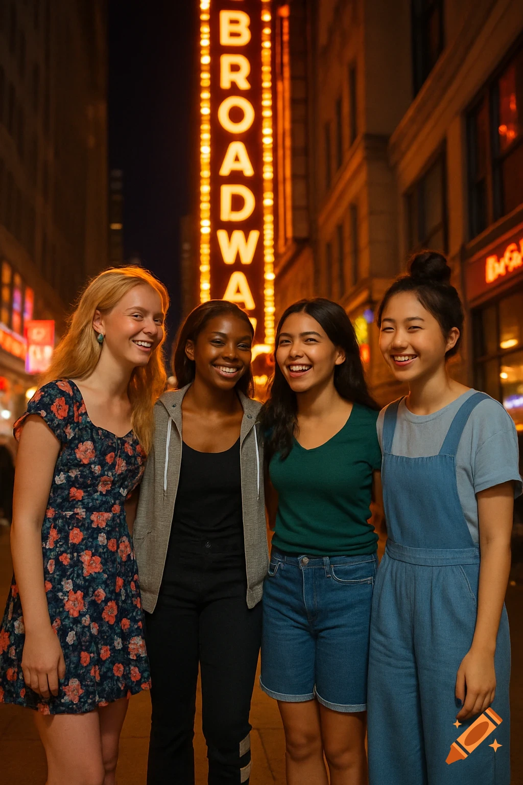 Four diverse teen girls smile in front of a brightly lit Broadway sign ...