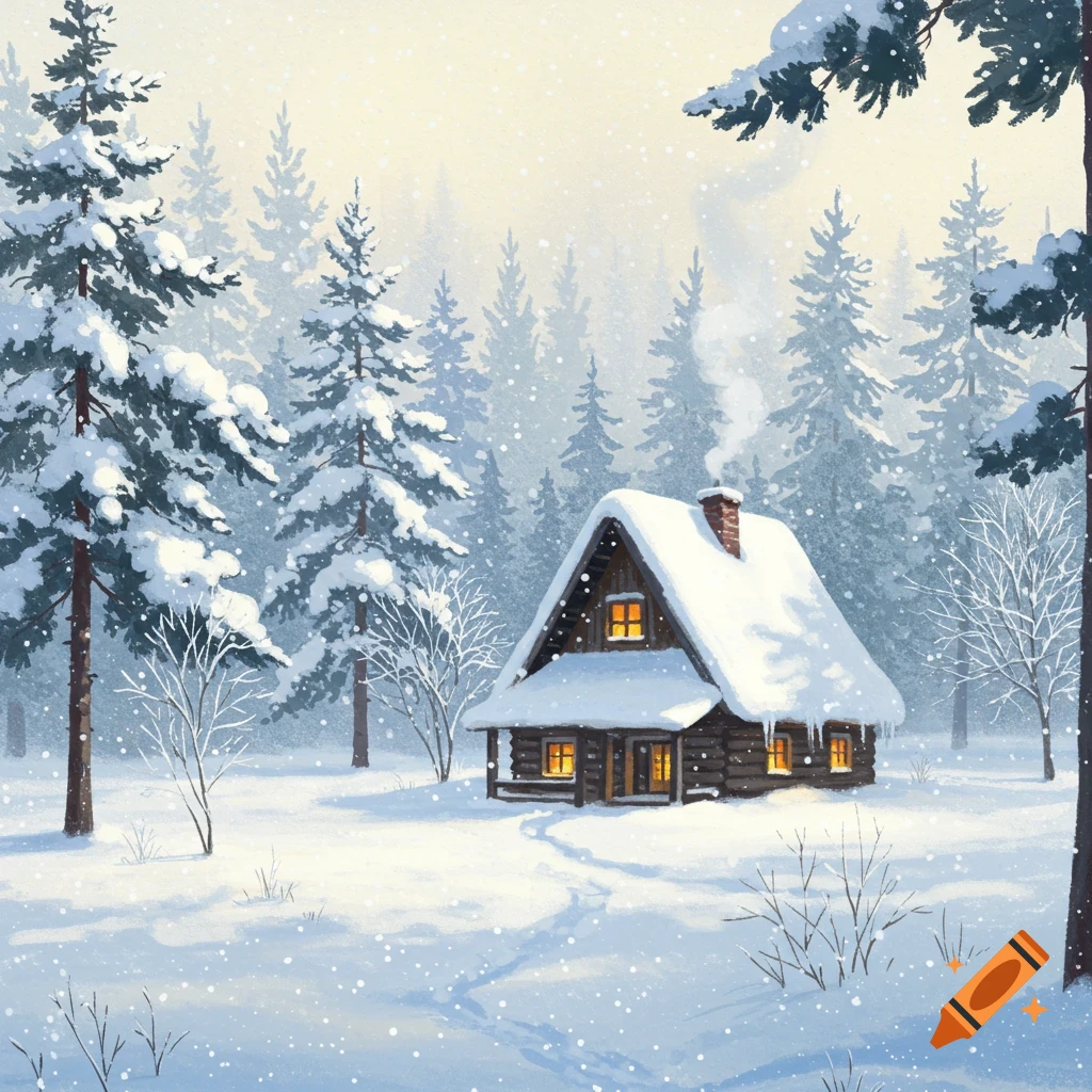 A painterly scene of a robin flying over a snowy field with a snowman ...