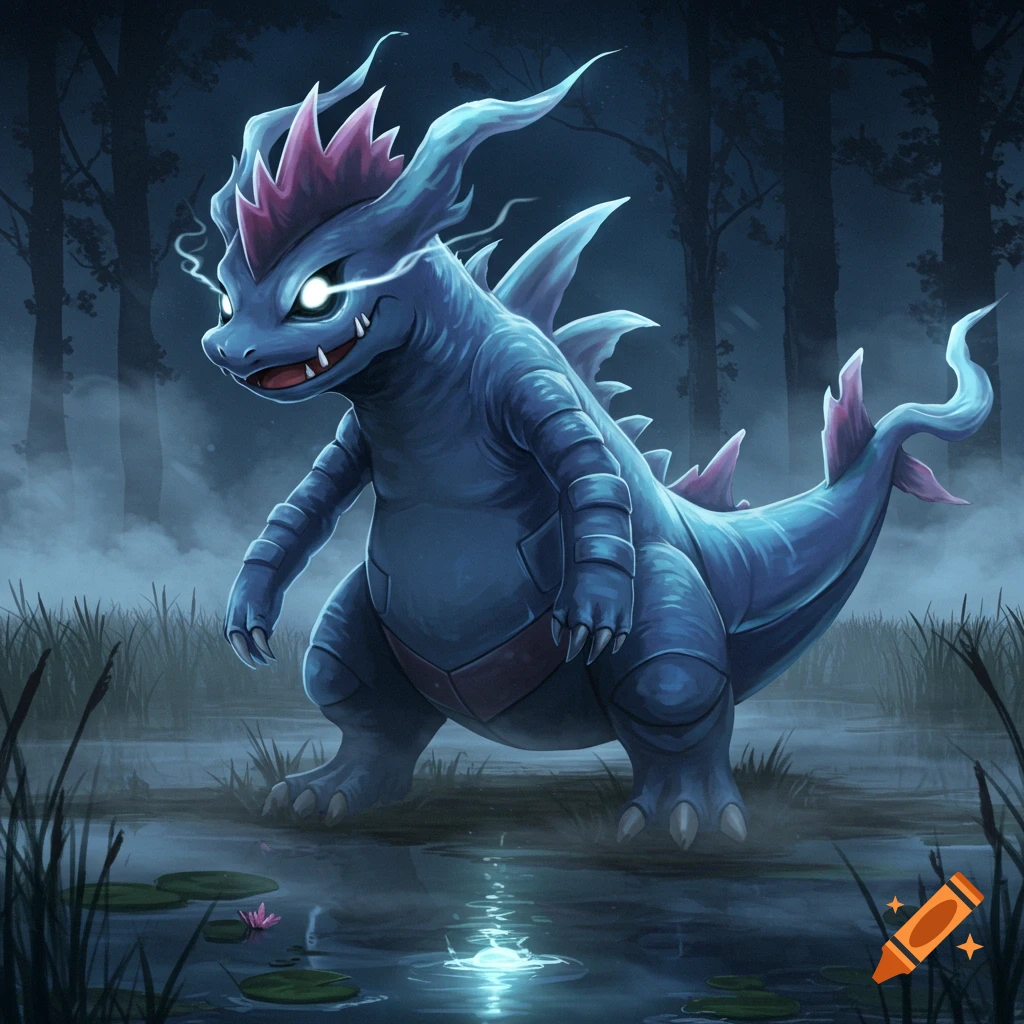 A purple, blob-like Pokemon, Muk, with sharp teeth and glowing eyes ...