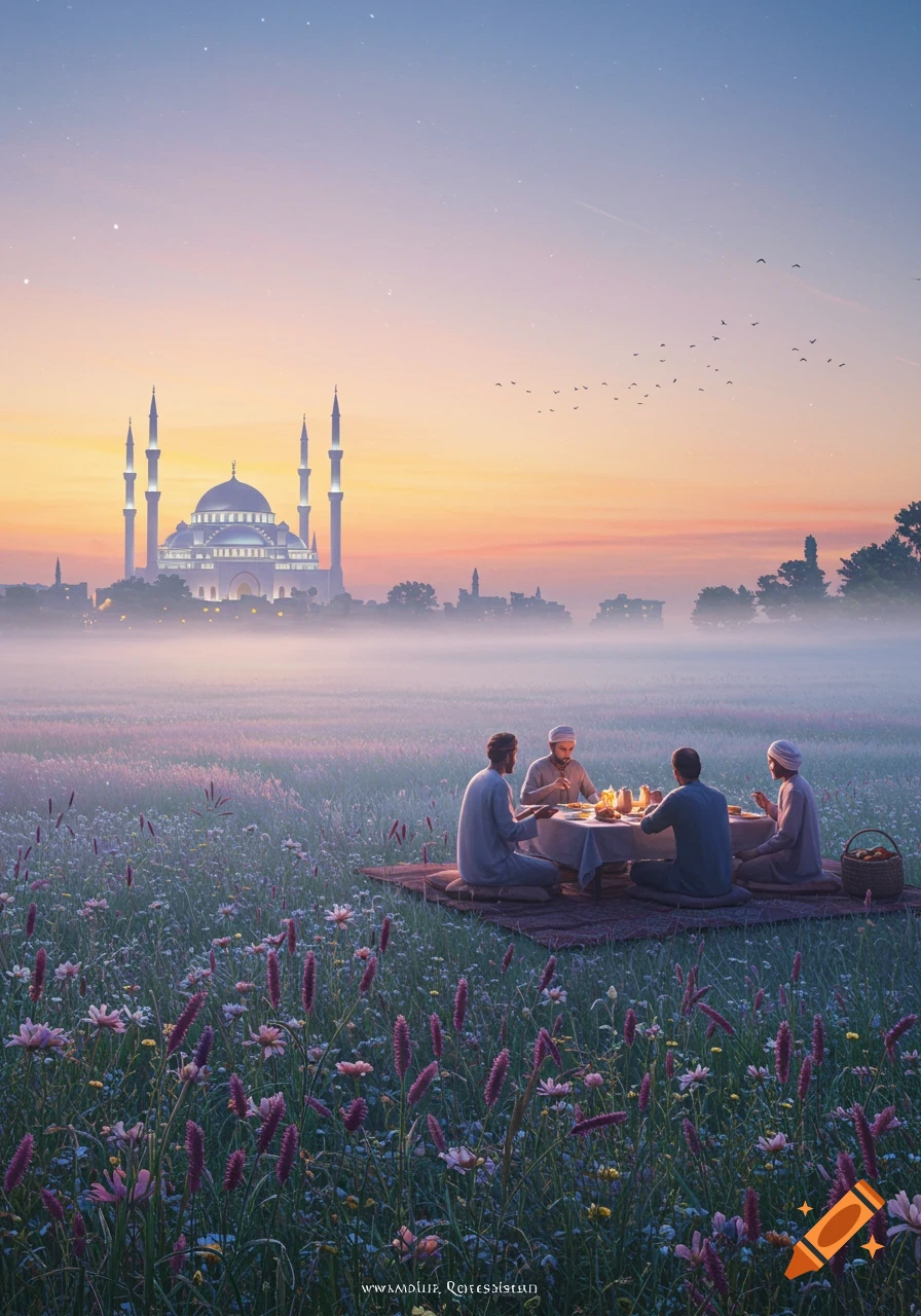 Four men share a meal in a misty, flowery field at sunrise with a grand ...