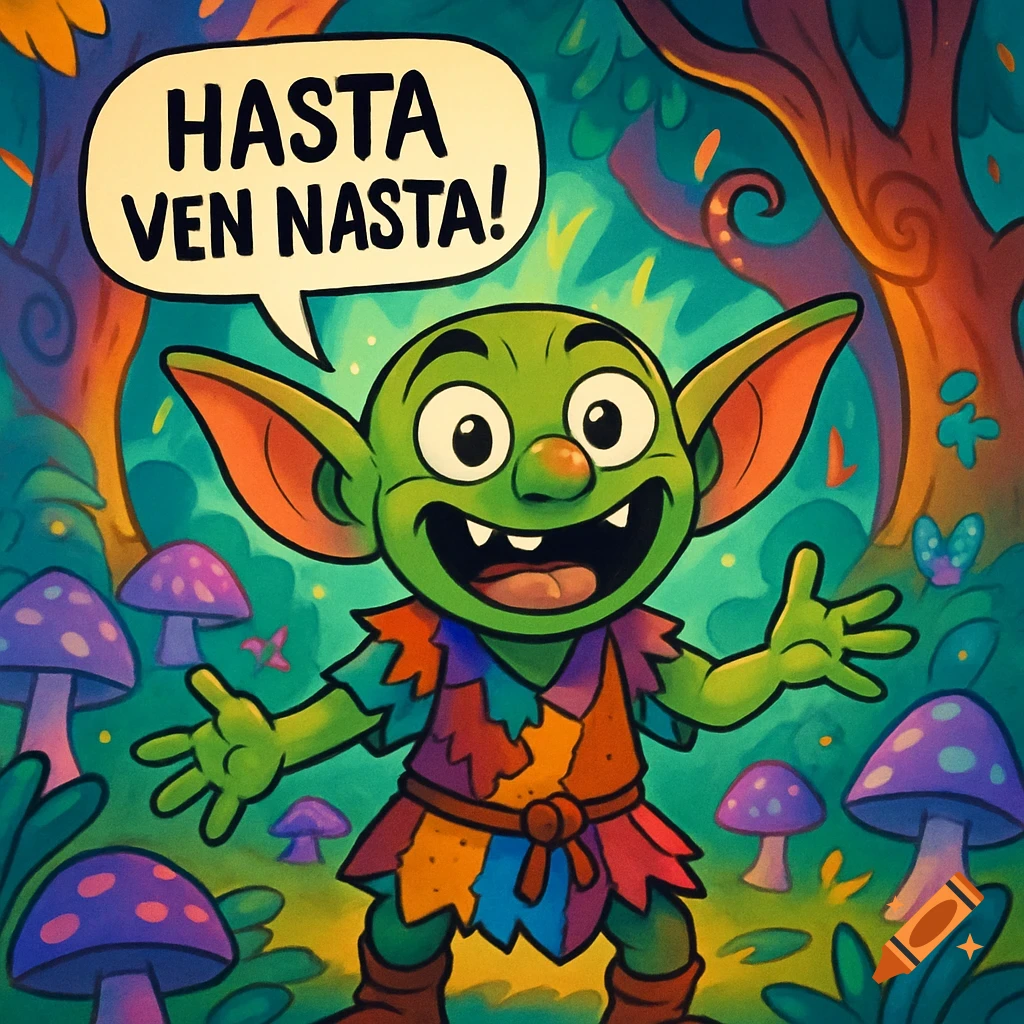 A cheerful cartoon goblin with big ears and a colorful patched outfit ...