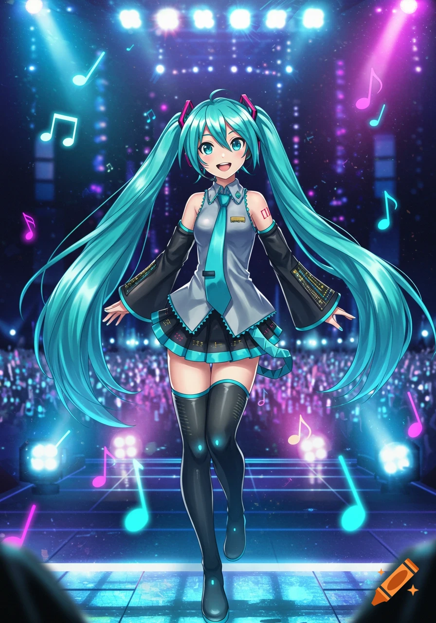 Hatsune Miku, an anime character with long turquoise pigtails, smiles ...