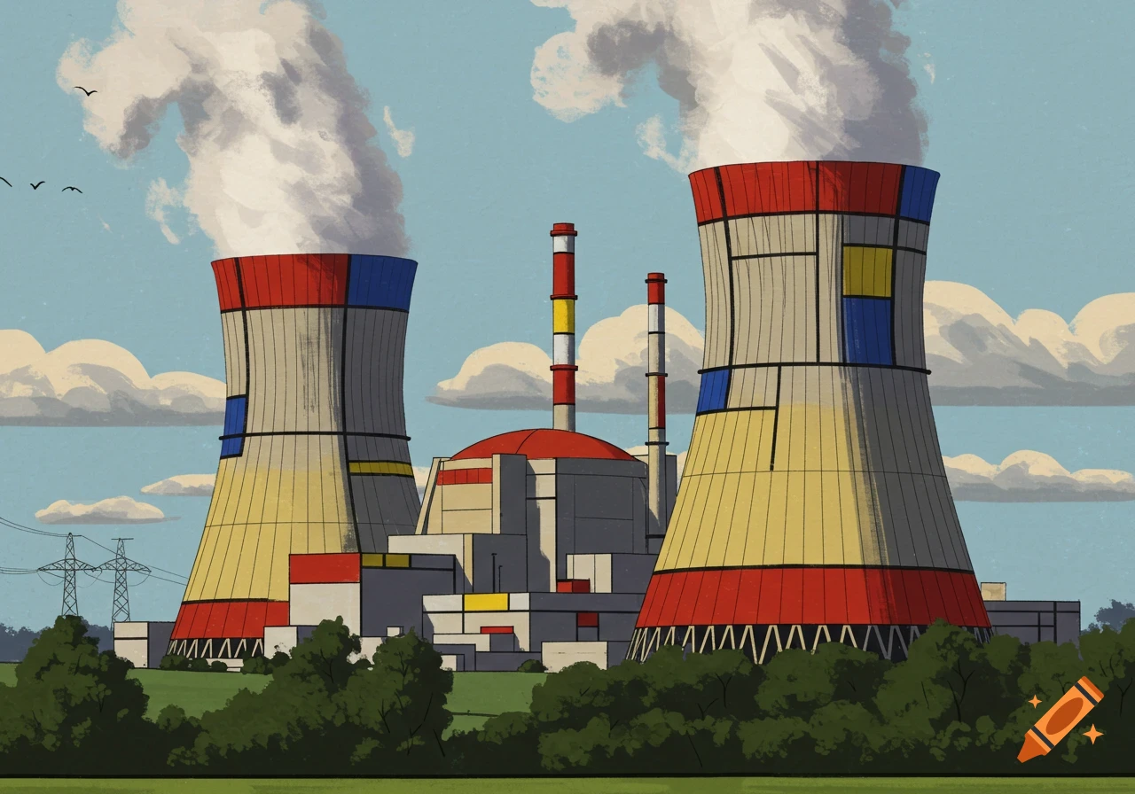 A brick fireplace and french fries with cooling towers and factories in ...