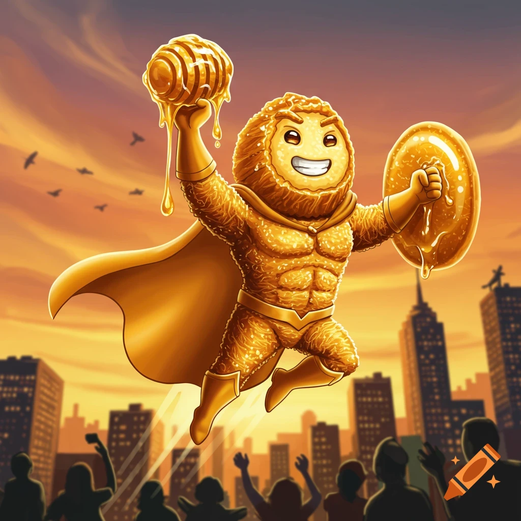 A cartoon superhero made of golden crispy honey flies over a city at ...