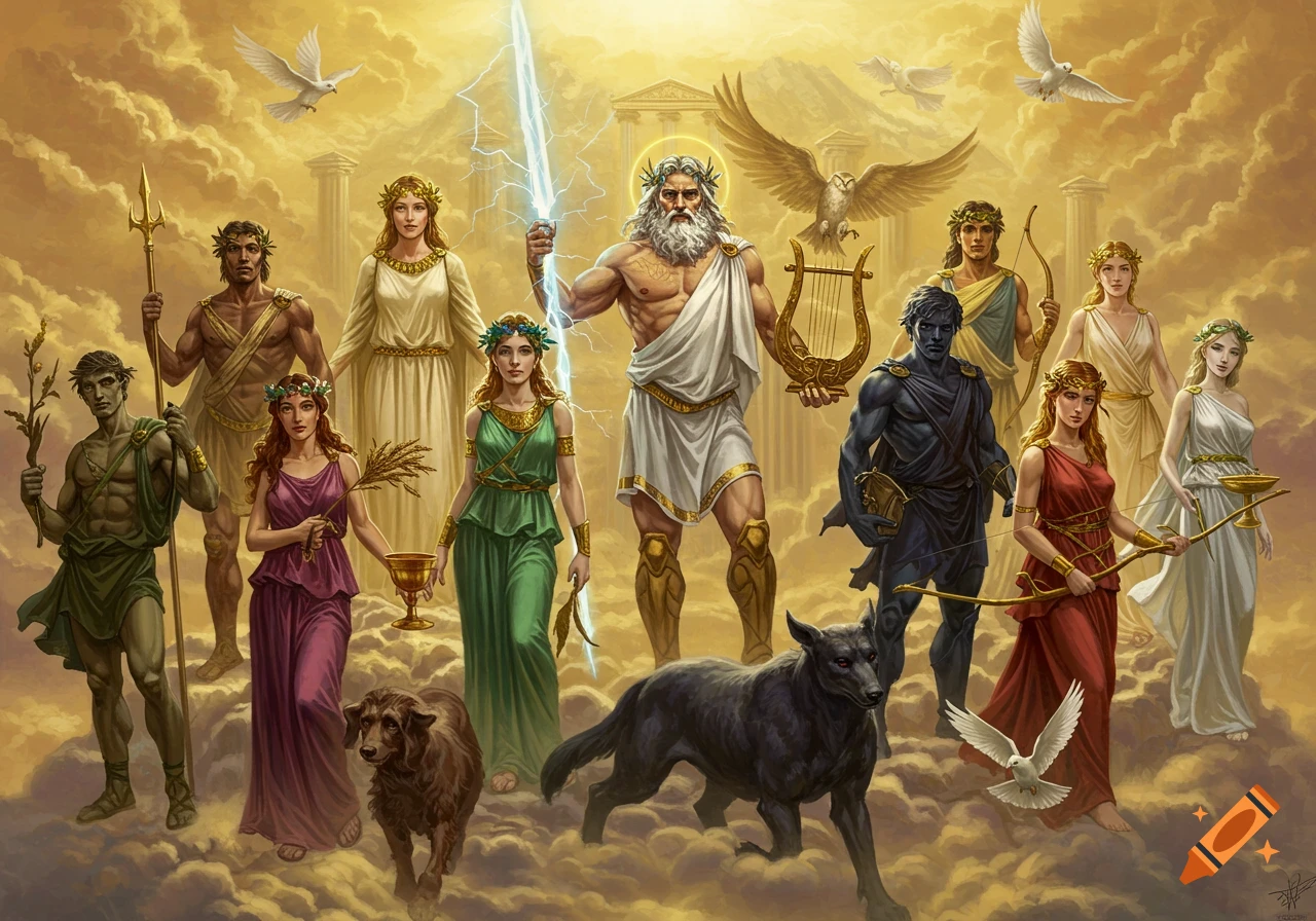 Detailed illustration of twelve Greek/Roman deities, including Zeus ...