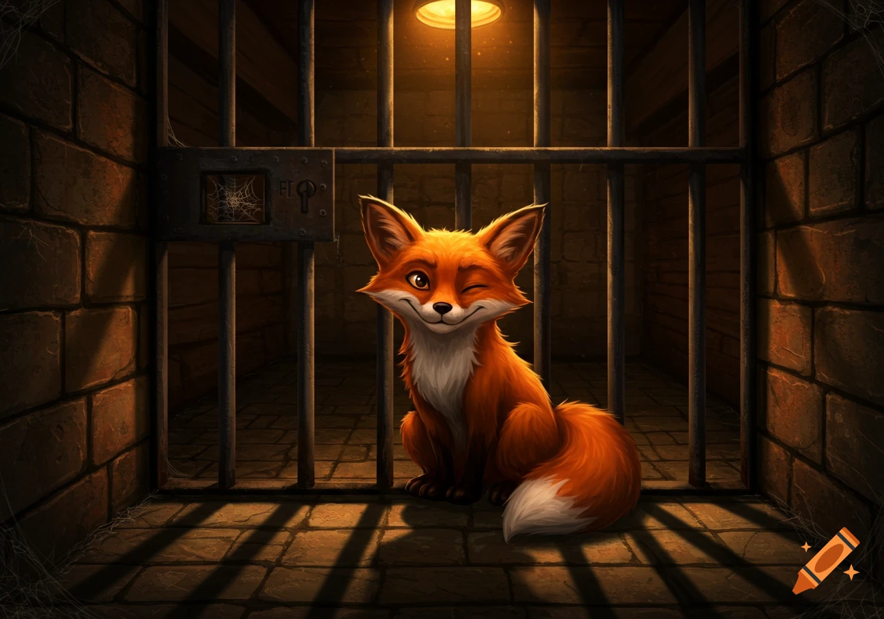 A cute, winking cartoon fox sits in a dimly lit stone jail cell ...