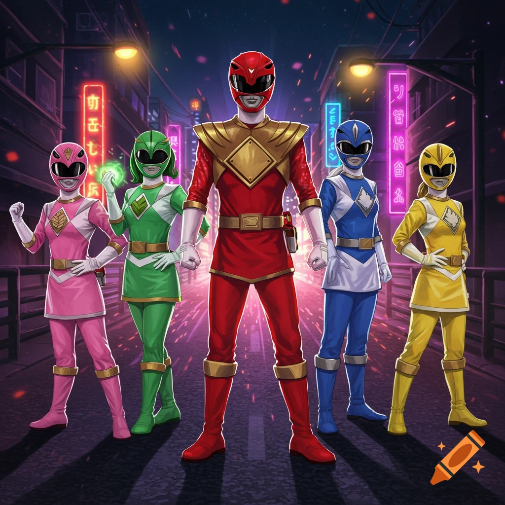 Five colorful superhero figures (pink, green, red, blue, yellow) stand ...