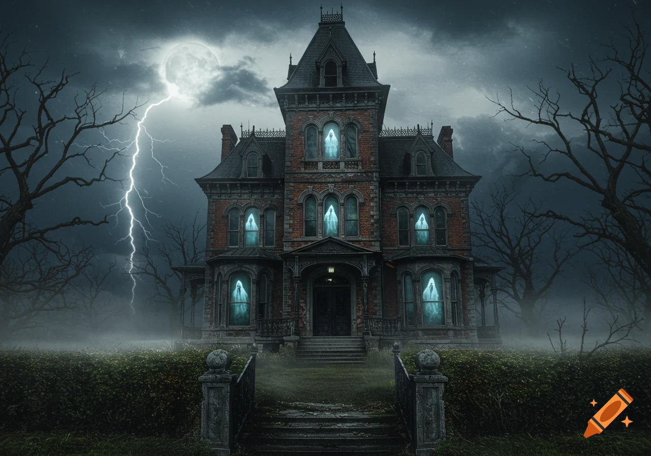 A spooky Victorian haunted mansion with glowing ghosts in the windows ...