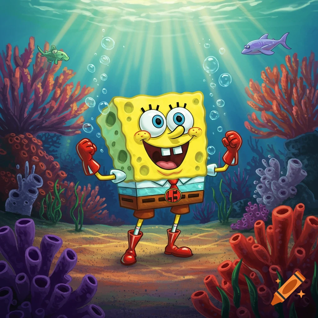 SpongeBob SquarePants smiling broadly underwater amidst colorful coral ...