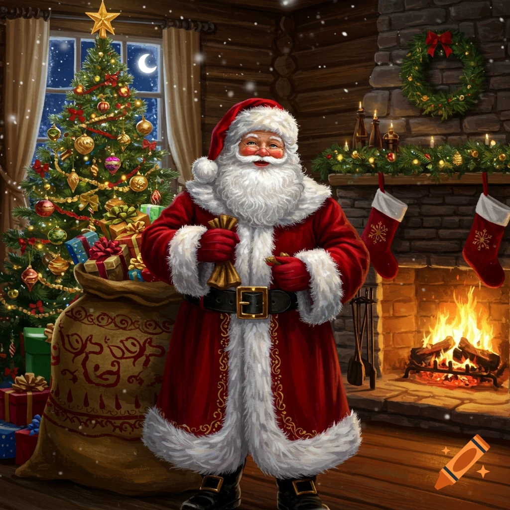 Santa in a red and green hot air balloon with presents, waving over a ...