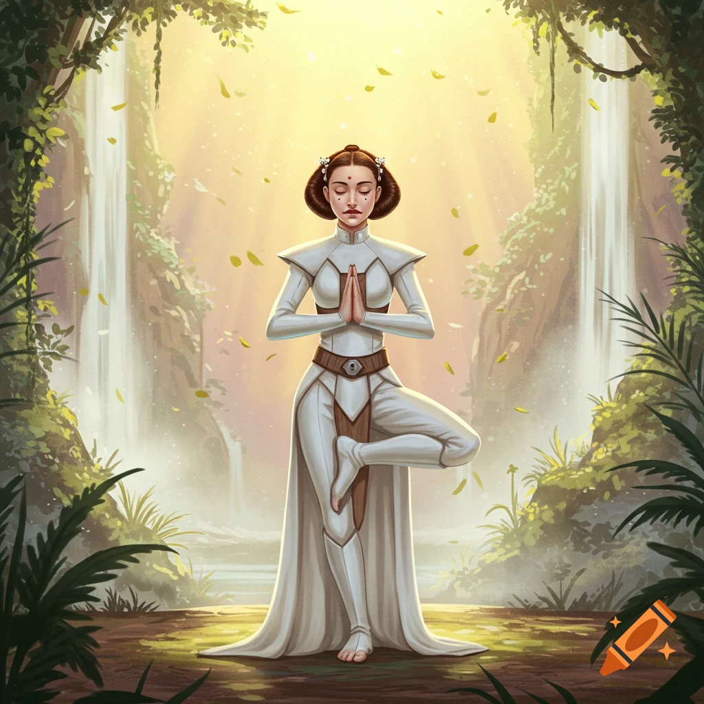 Padmé Amidala in a white costume performing a yoga pose in a lush ...