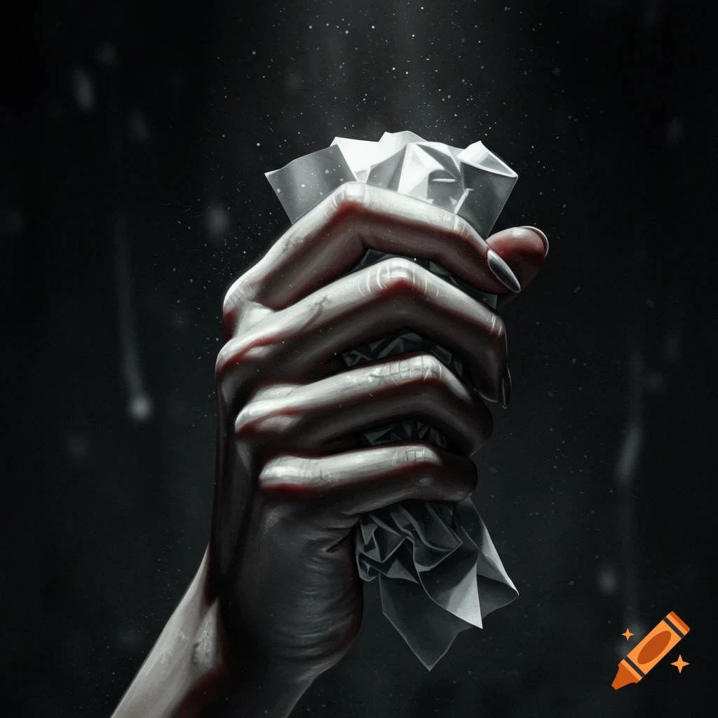A hand tightly clenching crumpled white paper against a dark, speckled ...