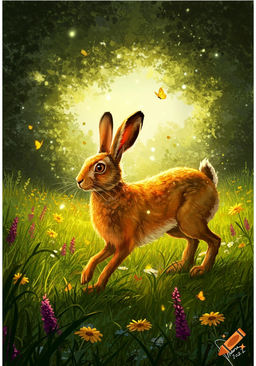 A brown hare in an illustrative style runs through a vibrant, glowing ...