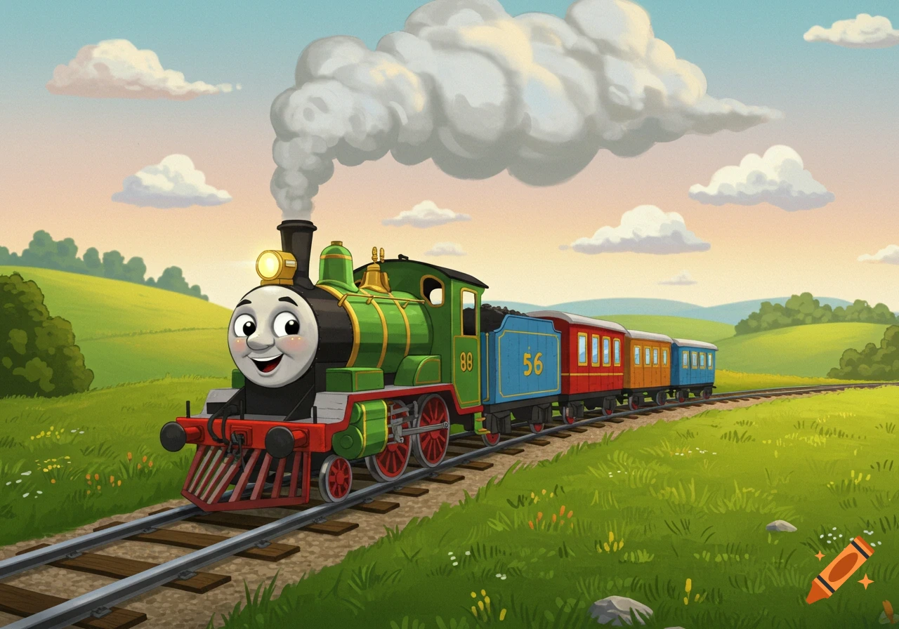 Angry Thomas the Tank Engine with glowing red eyes steams toward two ...