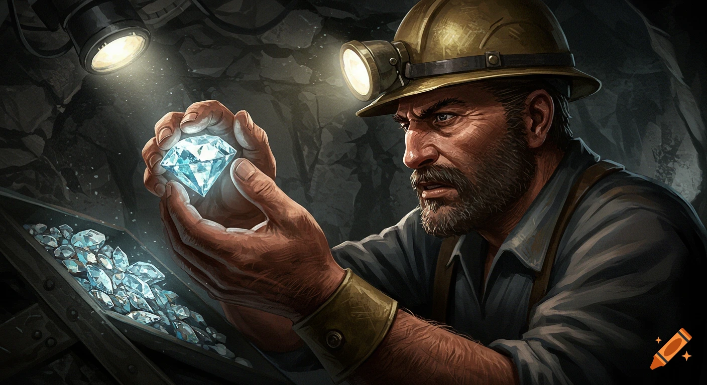 A determined miner in a hard hat and headlamp holds a large sparkling ...