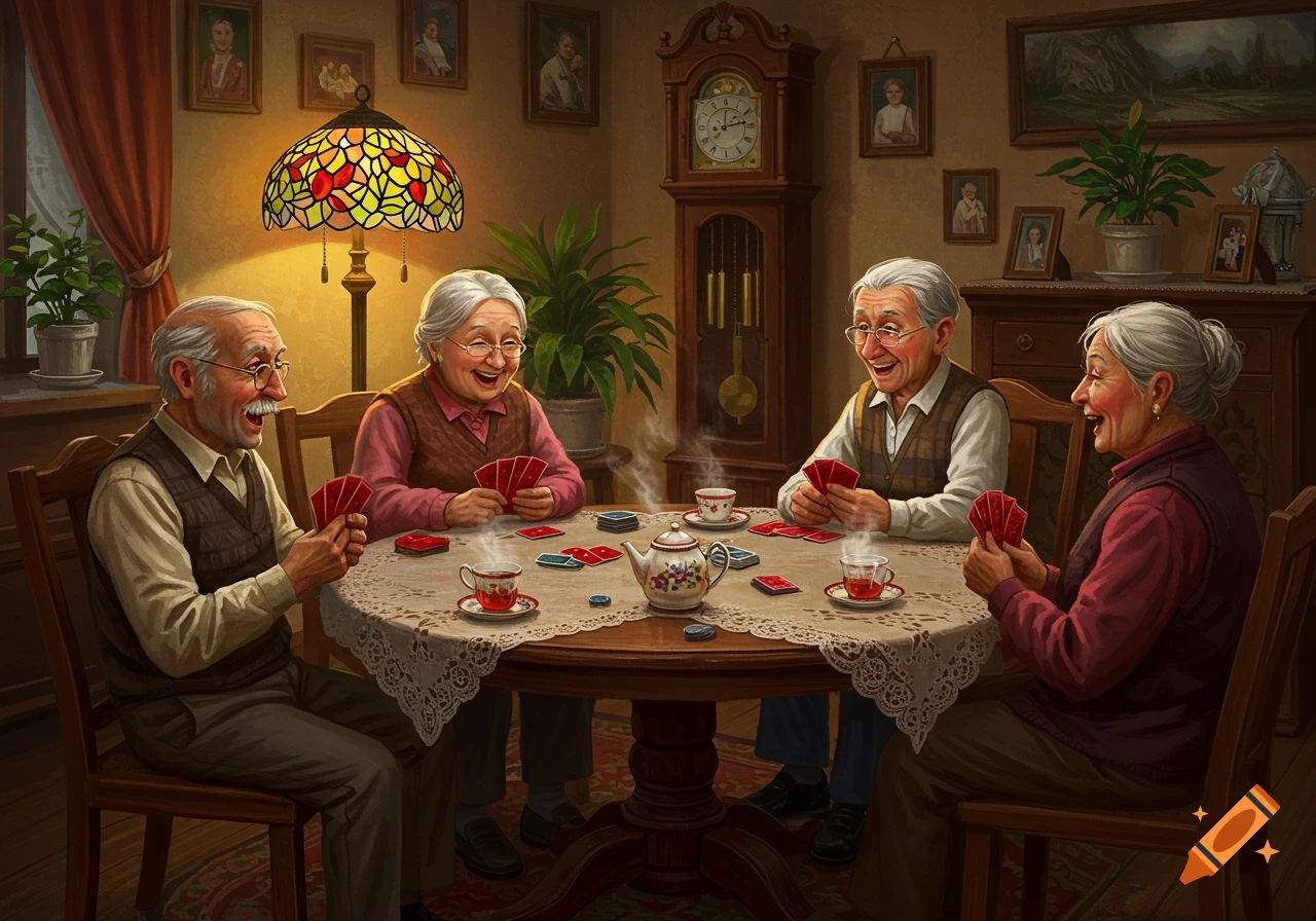 Four laughing elderly people playing cards around a table in a cozy ...