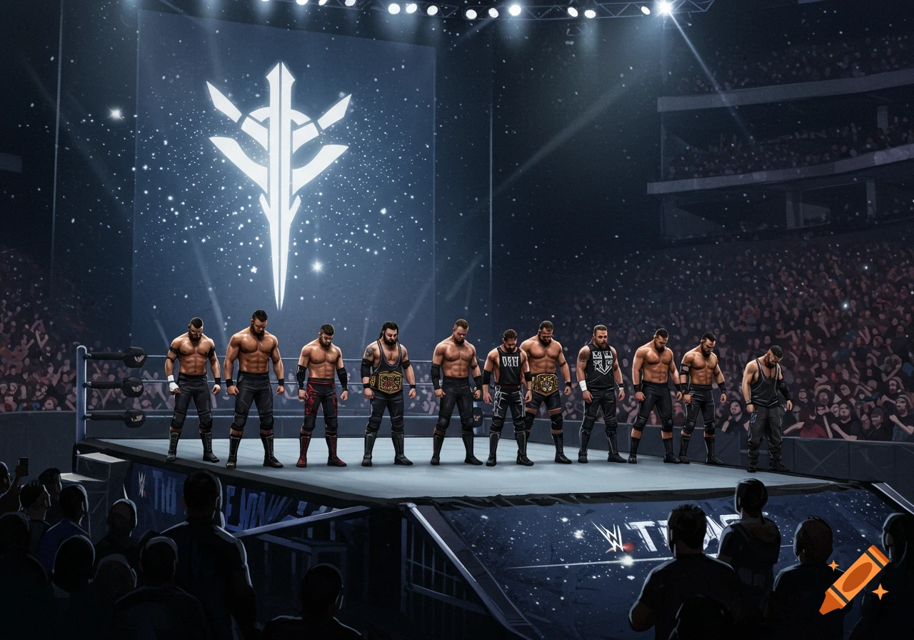 WWE logo on a large screen above a wrestling stage ramp with red lights ...