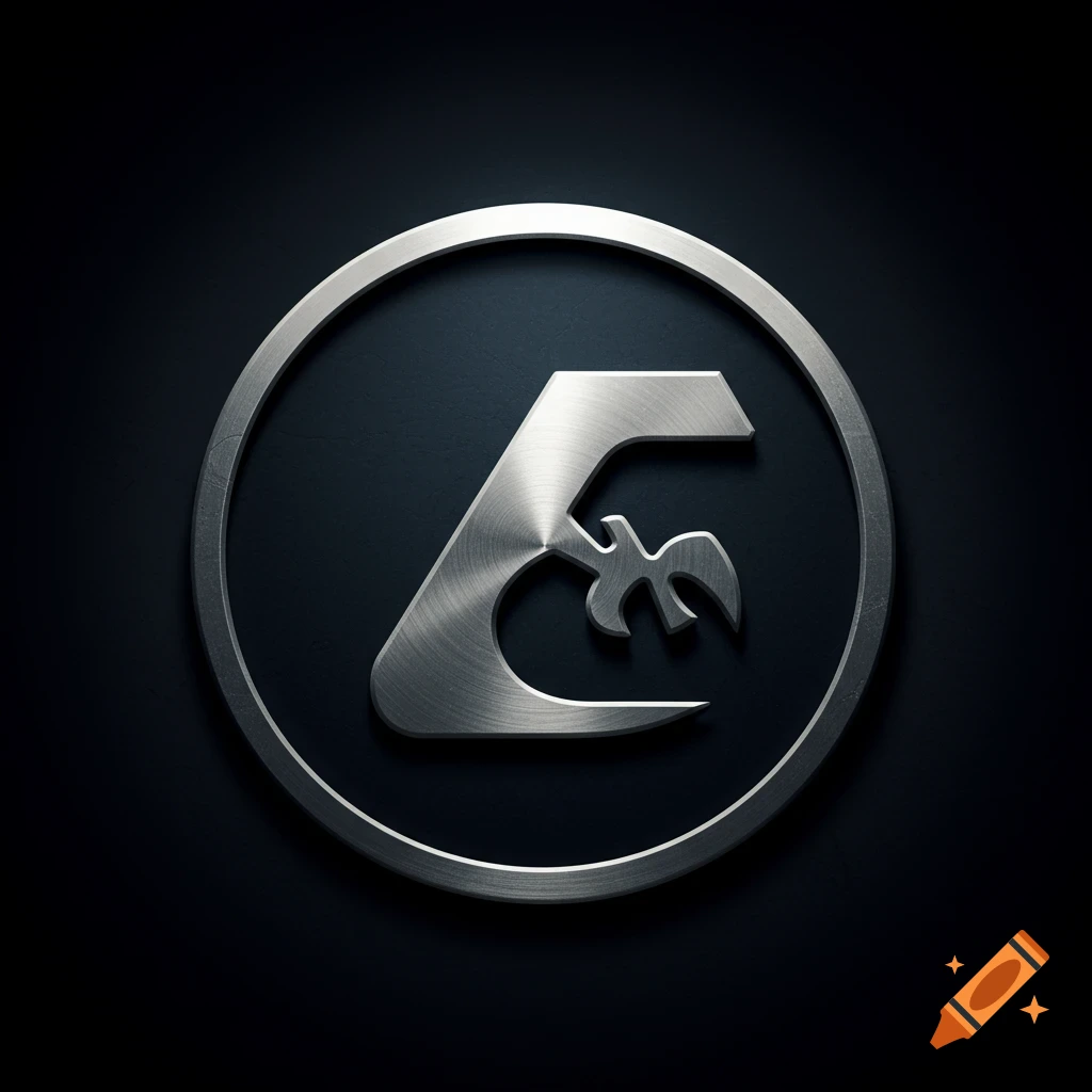 A metallic, angular logo with silver and blue accents on a dark ...