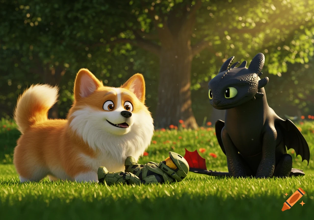 A Pixar-style corgi looks at a tiny Master Chief plush lying in grass ...