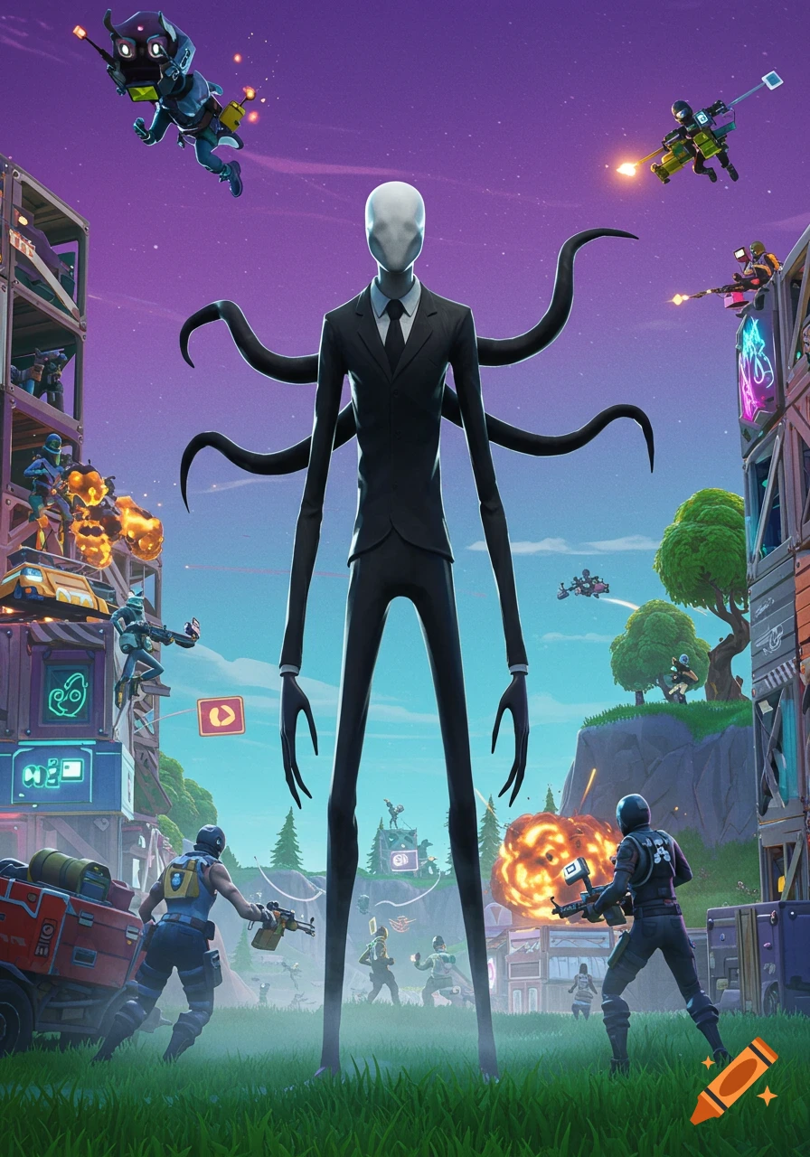 Slenderman stands tall in a Fortnite battleground, surrounded by game ...