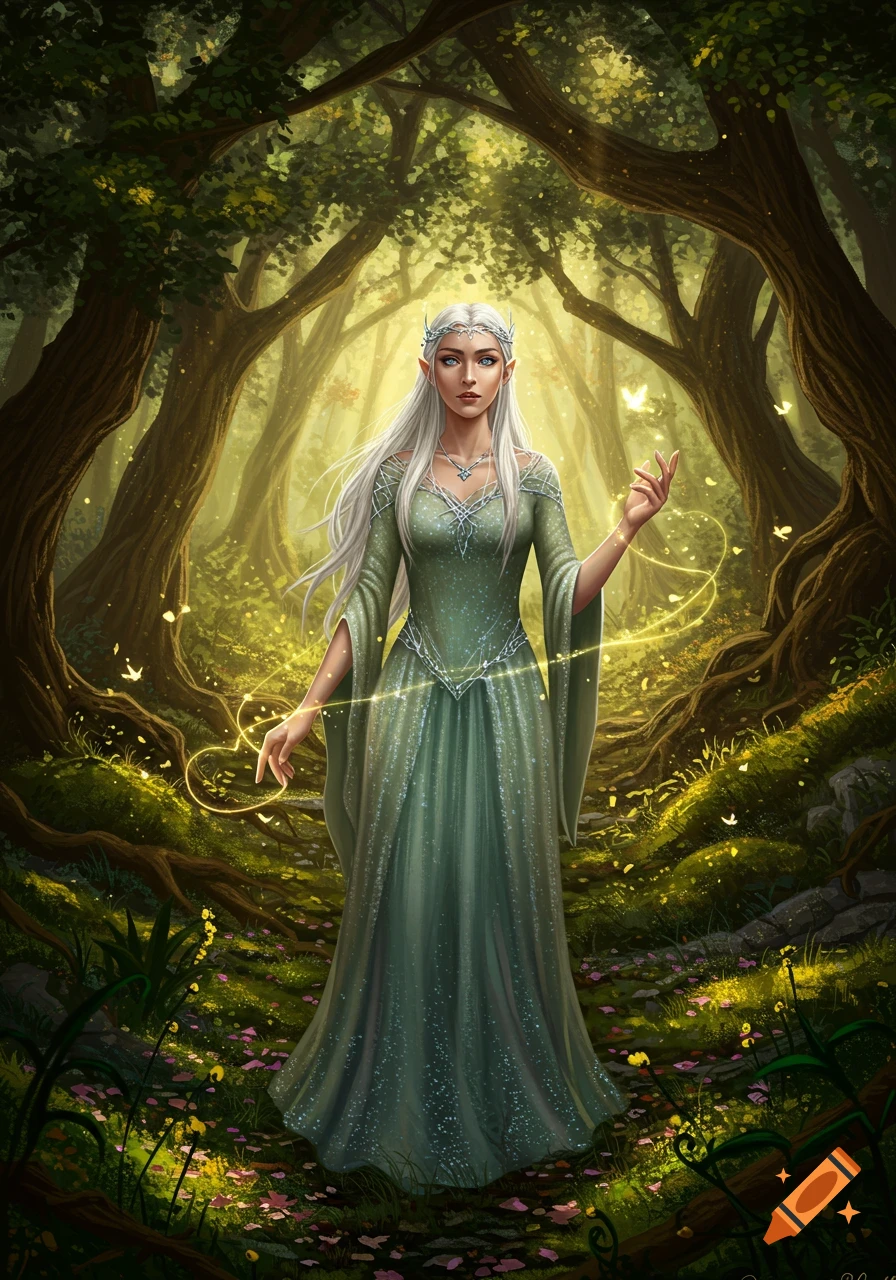 A beautiful elf with long white hair and a green, leafy dress stands in ...