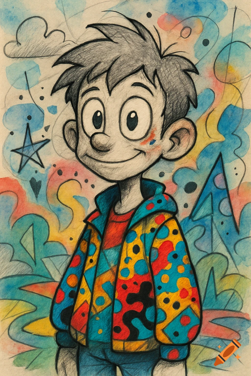 A vibrant, mixed-media illustration of a smiling cartoon boy in a ...