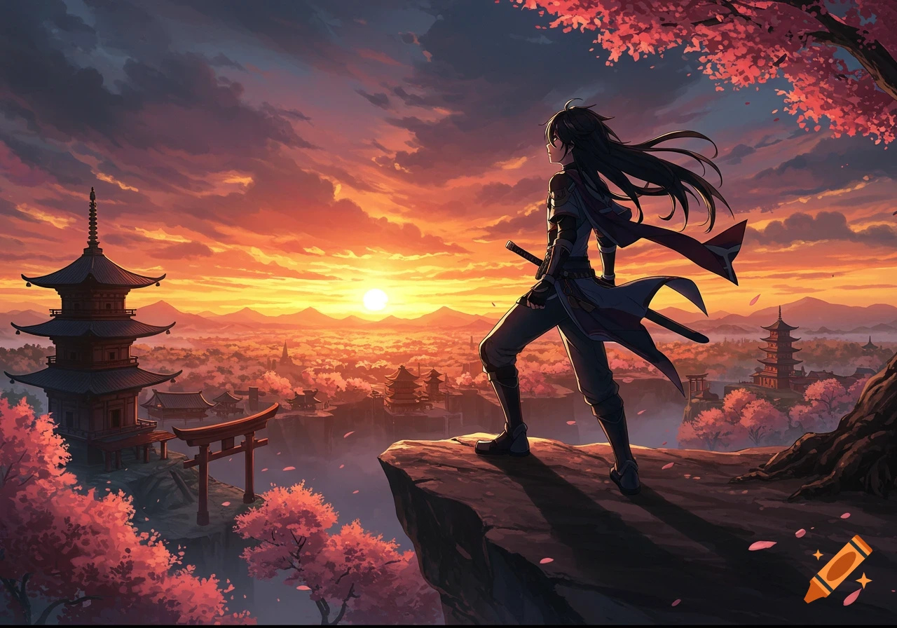 An anime character stands on a cliff overlooking a cherry blossom ...