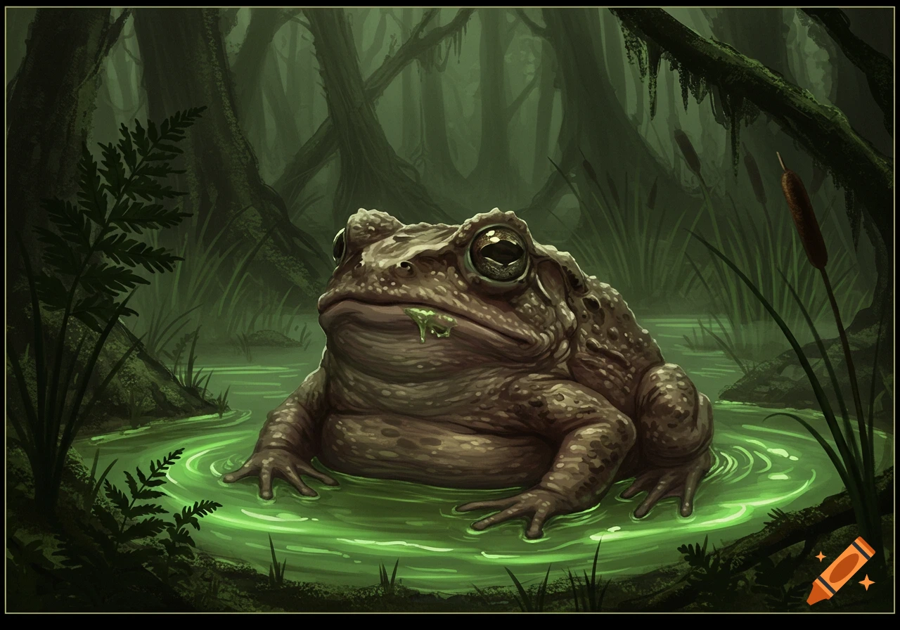 A large, warty toad with glowing green vapor around it and slime ...
