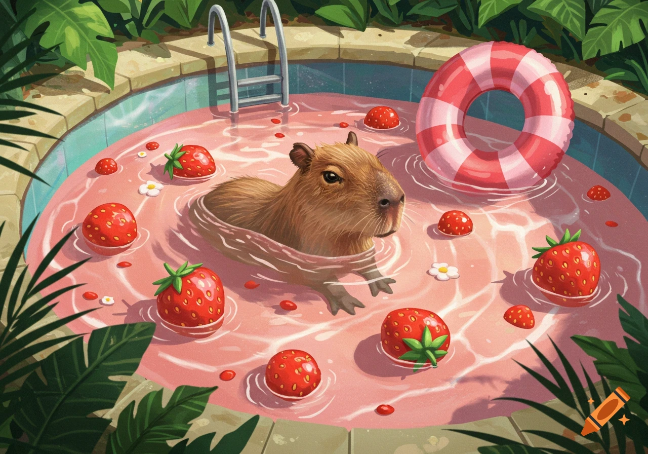 A cute capybara swims in a pink pool with strawberries, a red and white ...