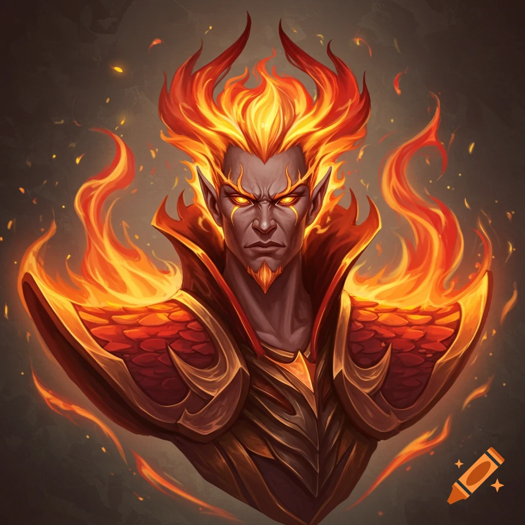 Bust portrait of a male fire mage with glowing eyes, fiery hair, and a ...