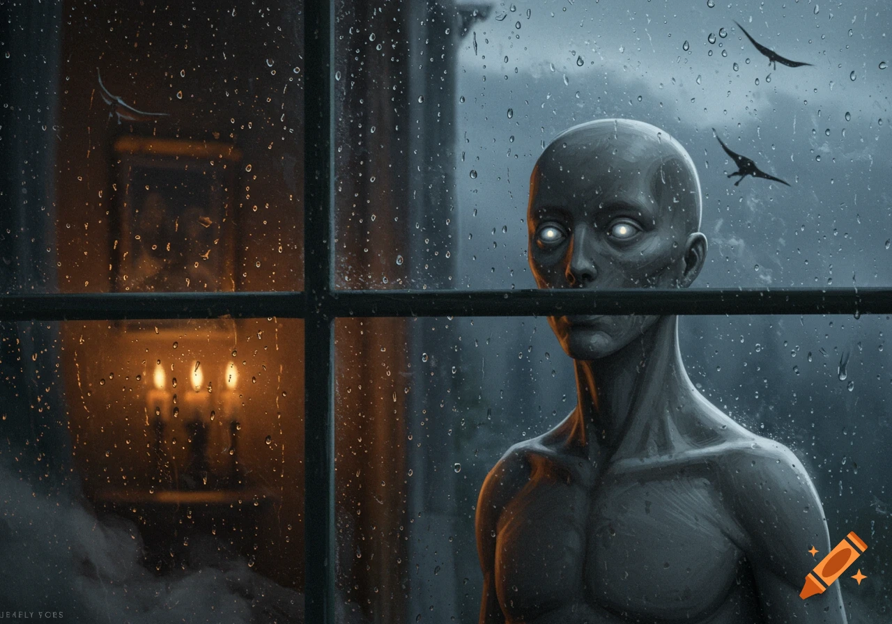 A grey humanoid with glowing eyes peers through a rain-streaked window ...