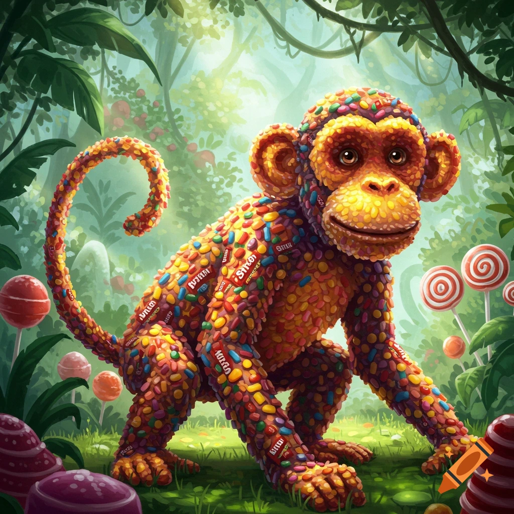 A whimsical monkey made of colorful candies in a vibrant jungle setting ...