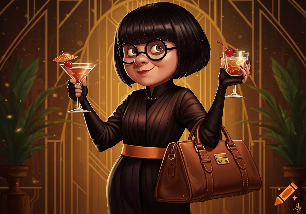 Edna Mode from The Incredibles holds a martini with a cherry and ...
