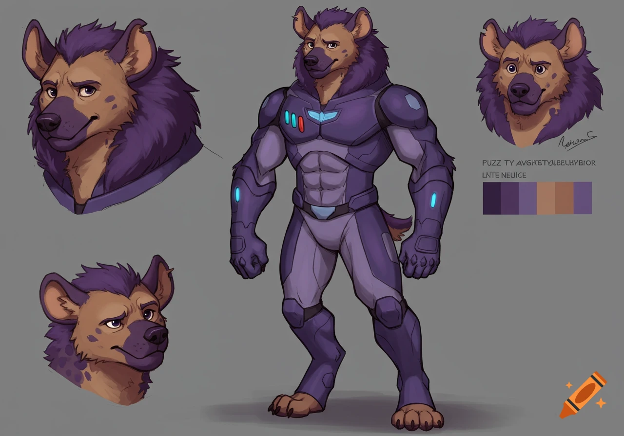 A purple and tan anthropomorphic hyena-lion hybrid in a Buzz Lightyear-themed sci-fi suit ...