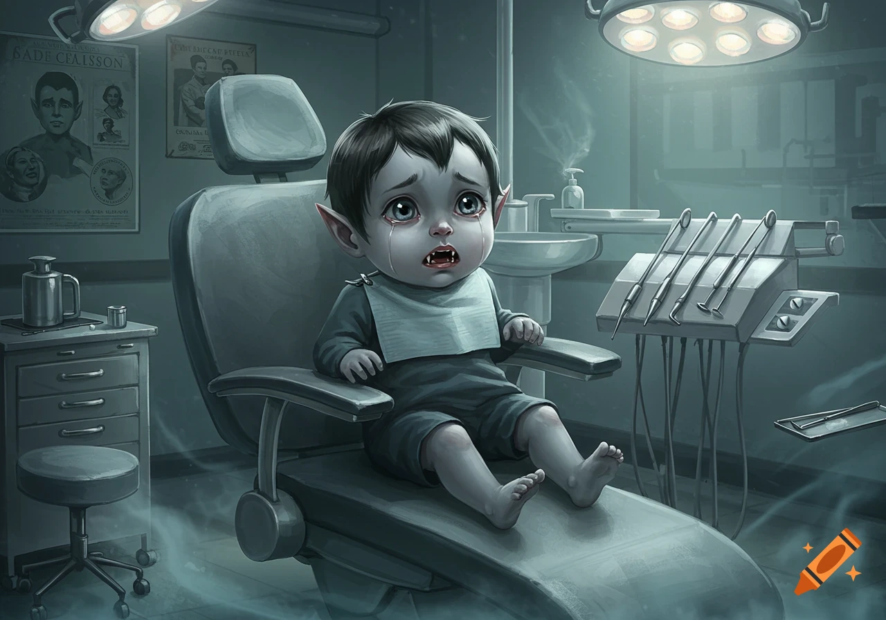 A crying baby vampire with fangs sits in a dentist's chair, surrounded ...