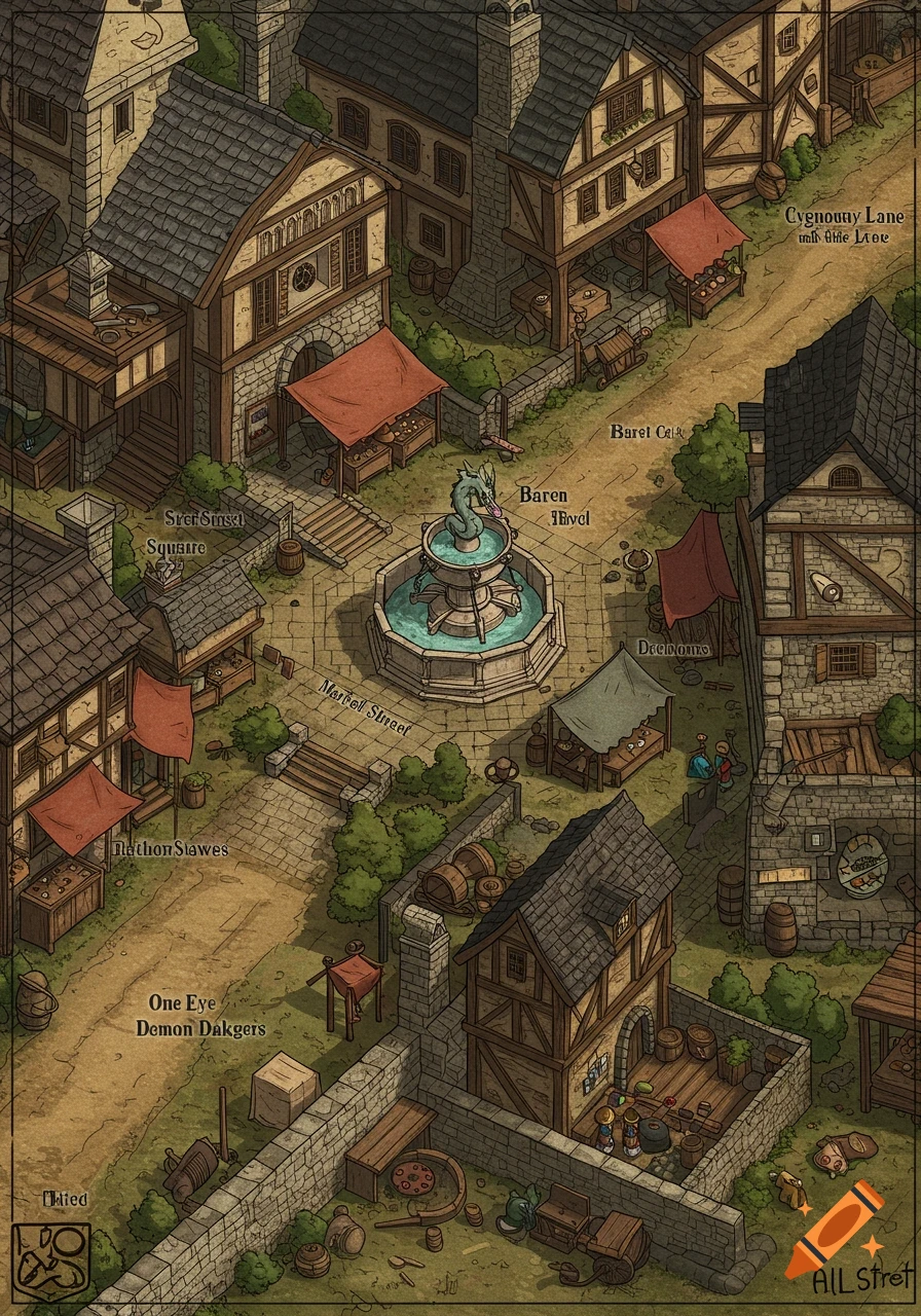 Top-down fantasy map illustration of a witch's village with a tower ...