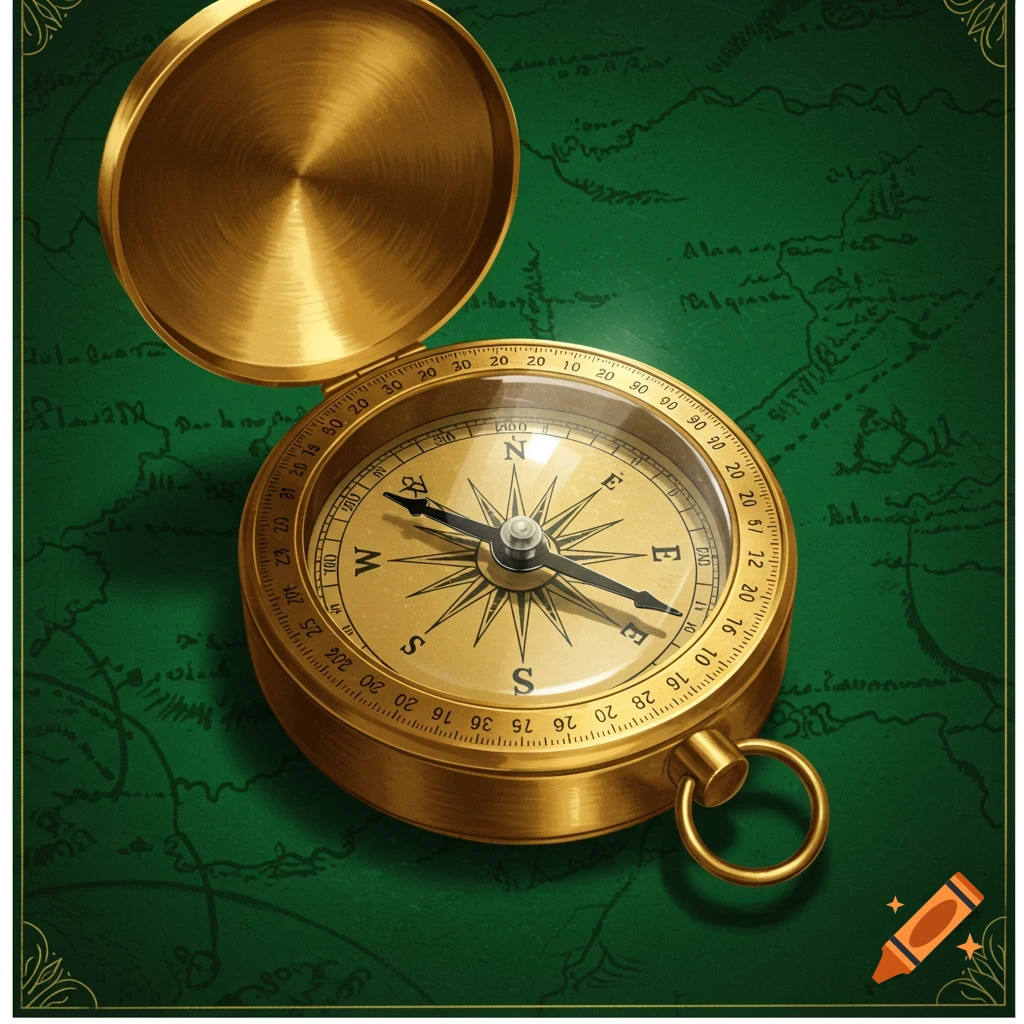 A detailed gold compass with its lid open rests on an emerald green ...