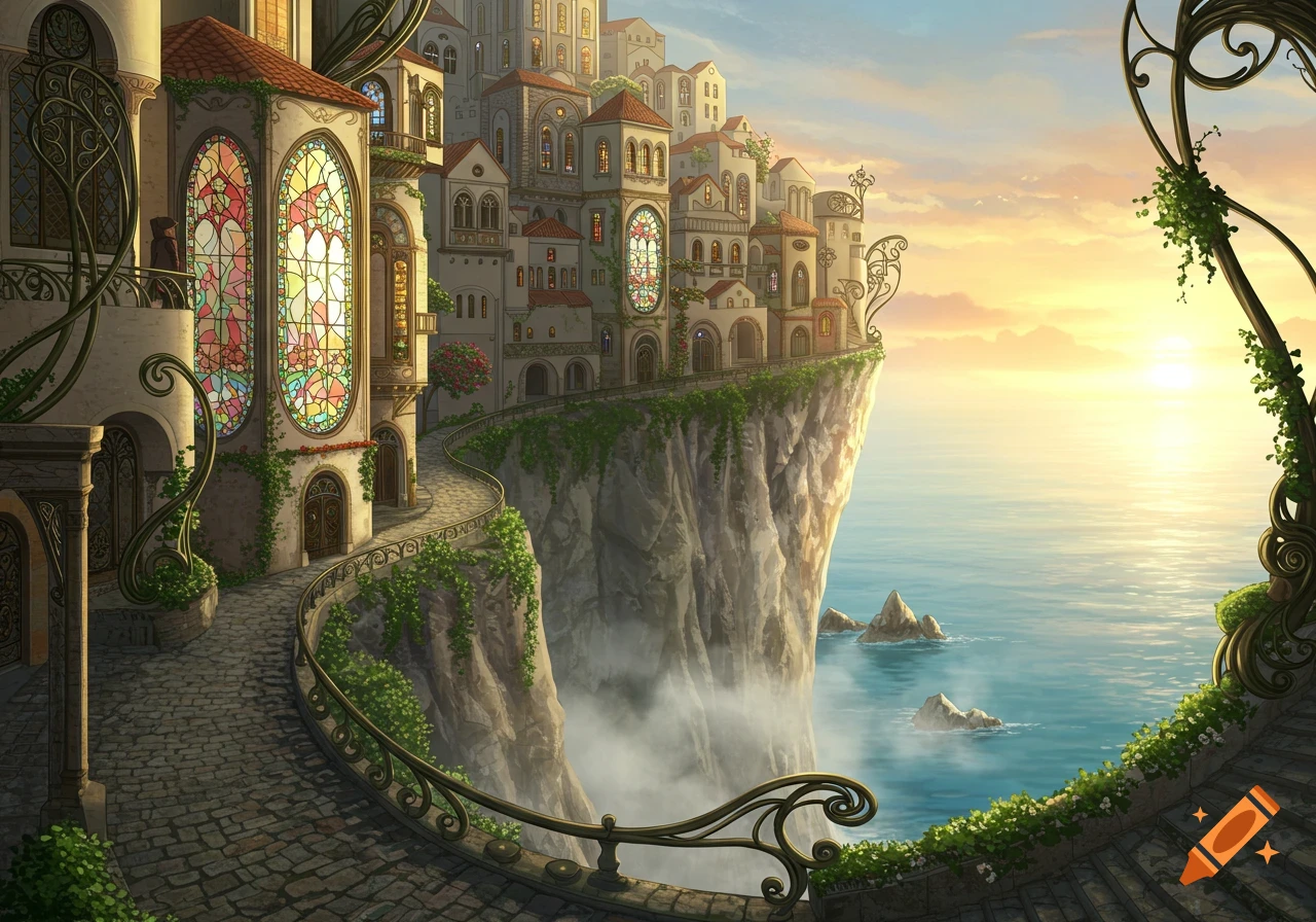 An art nouveau city with stained glass windows on a cliff overlooking ...