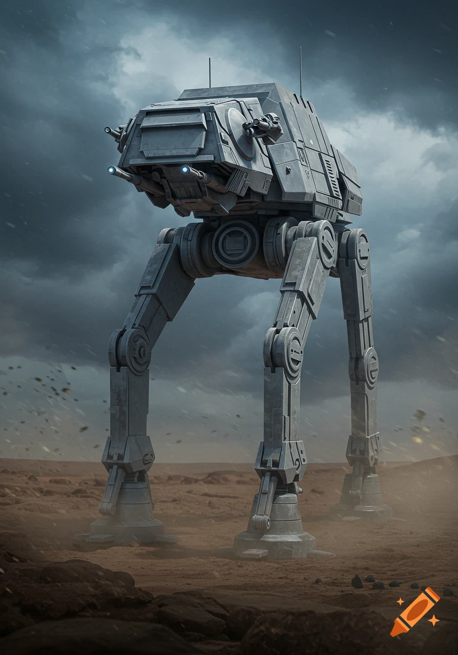 A detailed, photorealistic two-legged Star Wars-style walker stands on ...