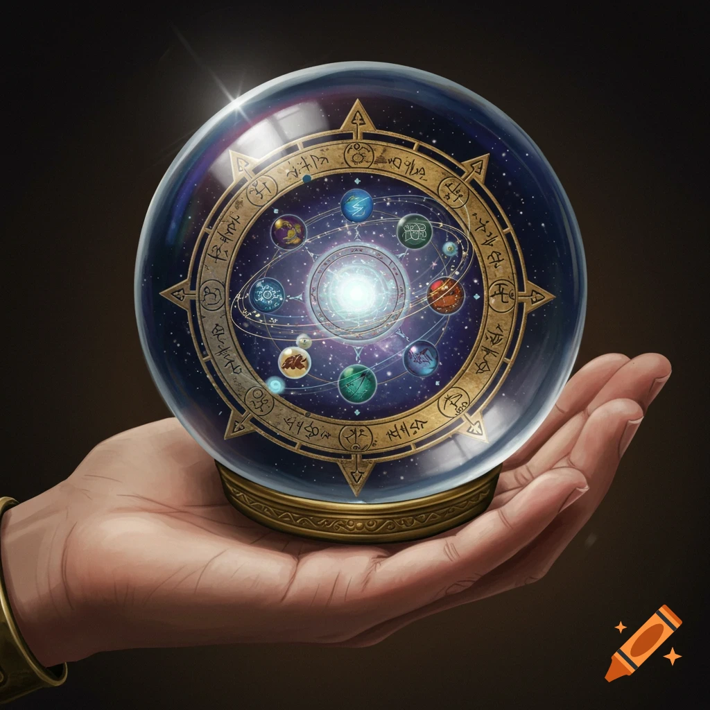 A hand holds a glowing crystal ball containing a detailed cosmic map with celestial bodies ...