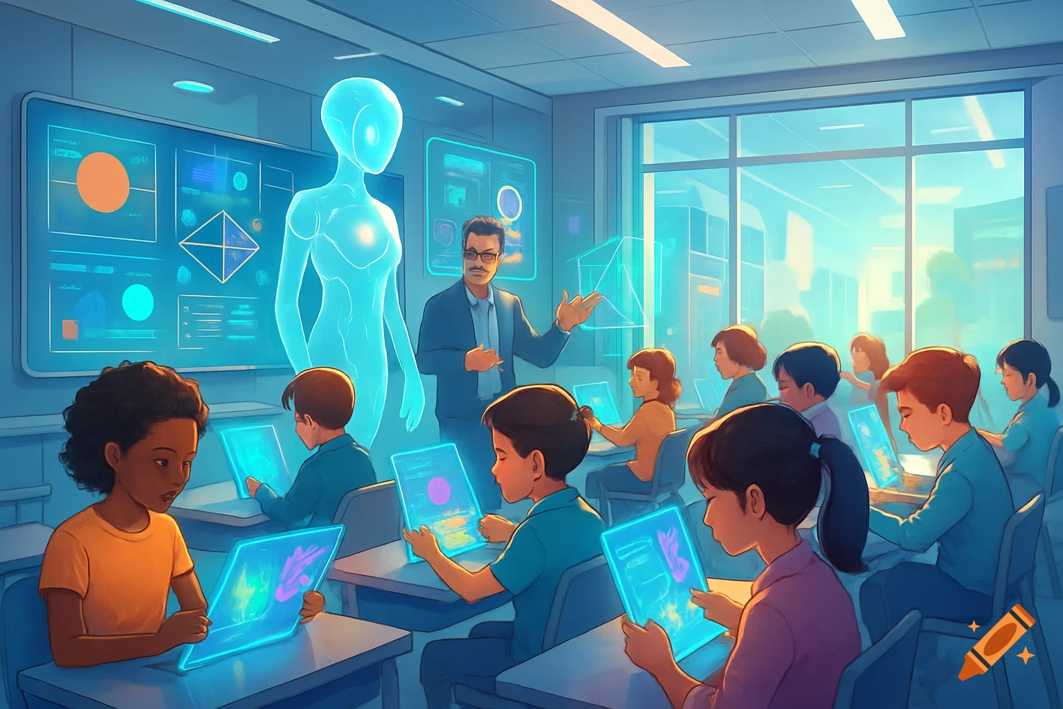 Cartoon illustration of four diverse children happily engaged in a ...