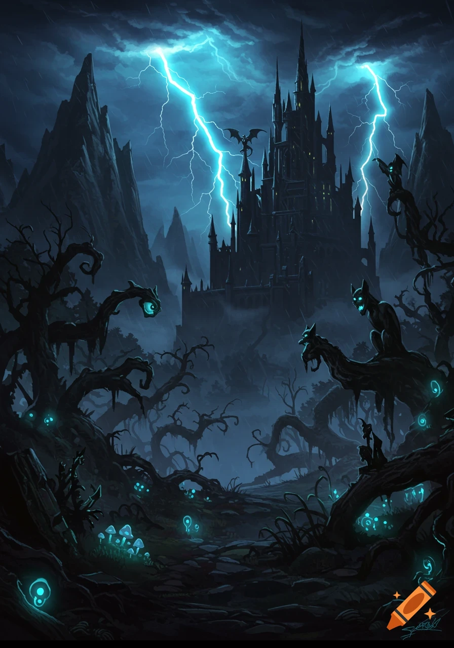 A dark, ruined gothic castle under a stormy sky with lightning ...