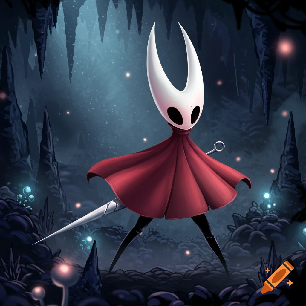 A masked knight with a sword stands amidst glowing mushrooms in a dark ...