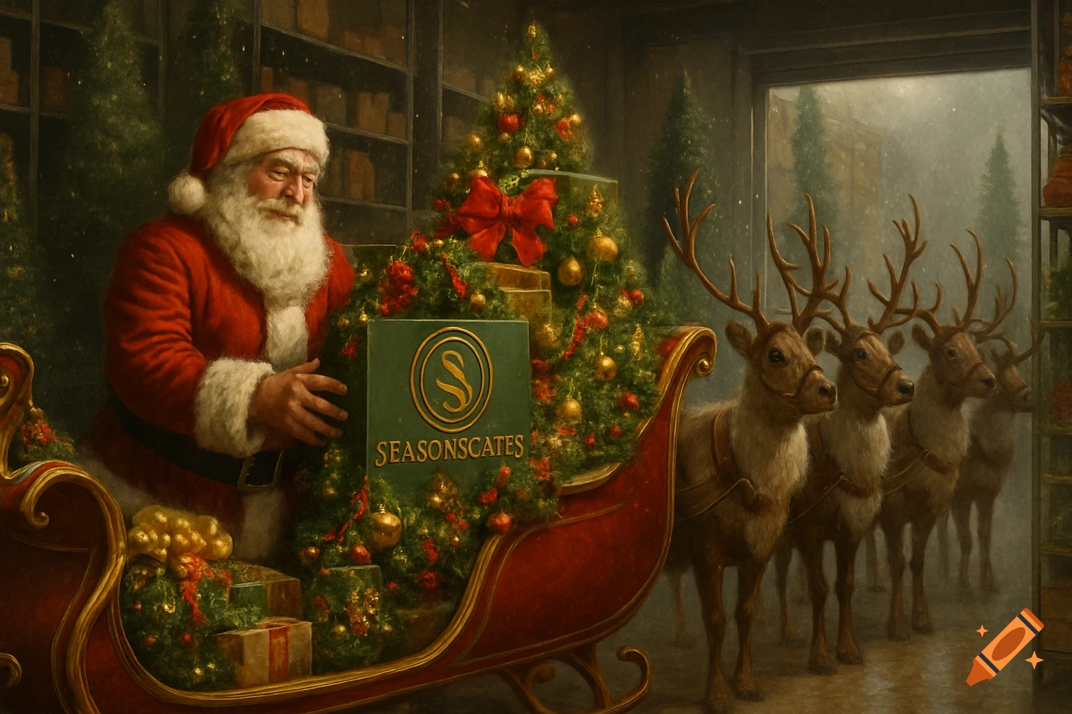 Santa Claus packs a sleigh filled with decorated Christmas trees and ...