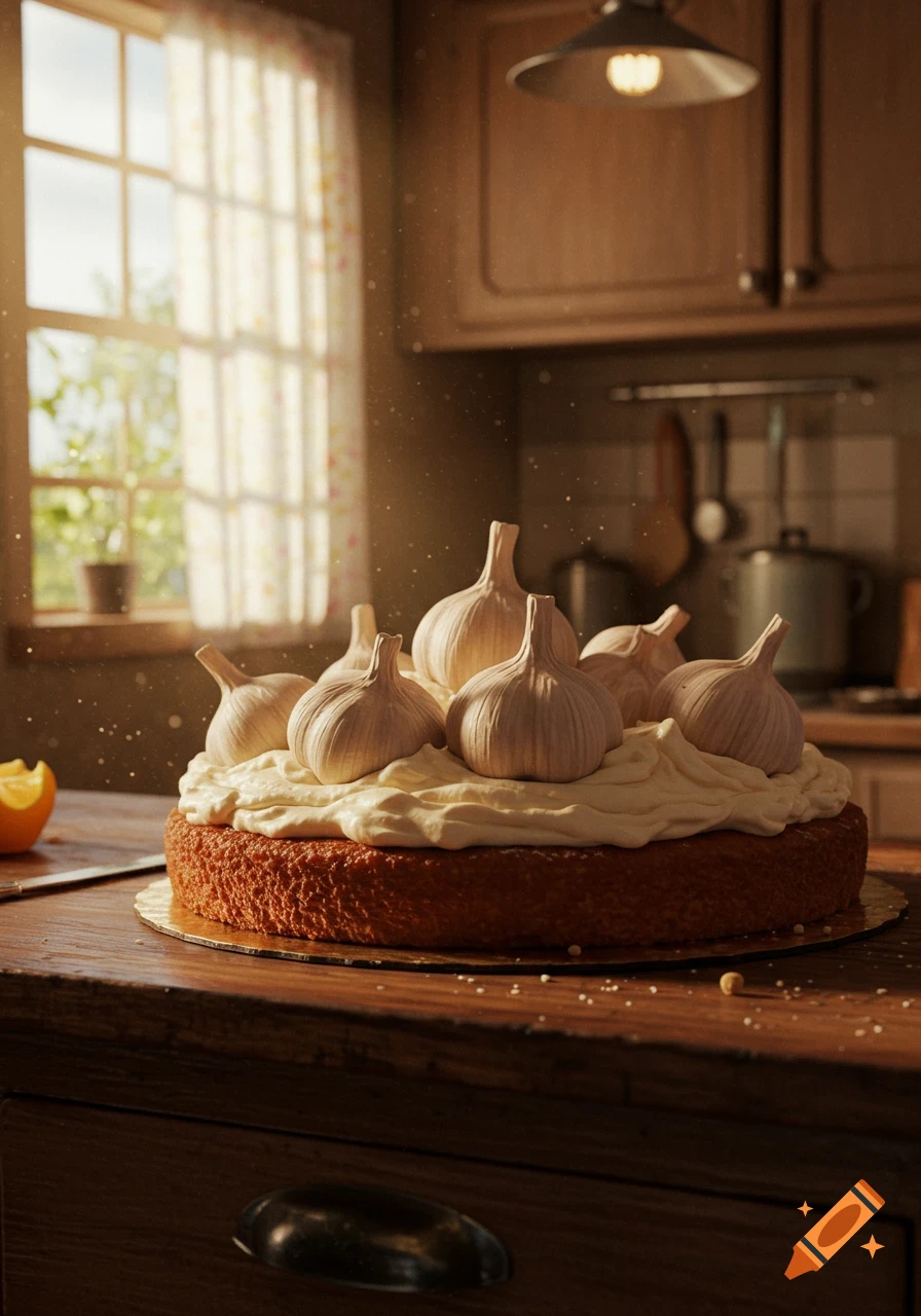 A photorealistic cake topped with white cream and garlic bulbs sits on ...