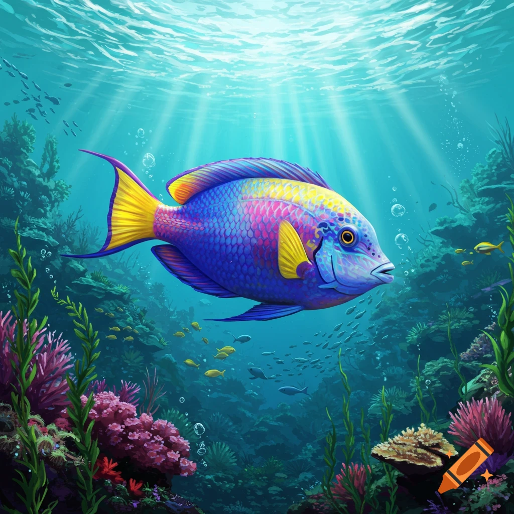 A vibrantly colored fish with blue, purple, yellow, and pink scales ...