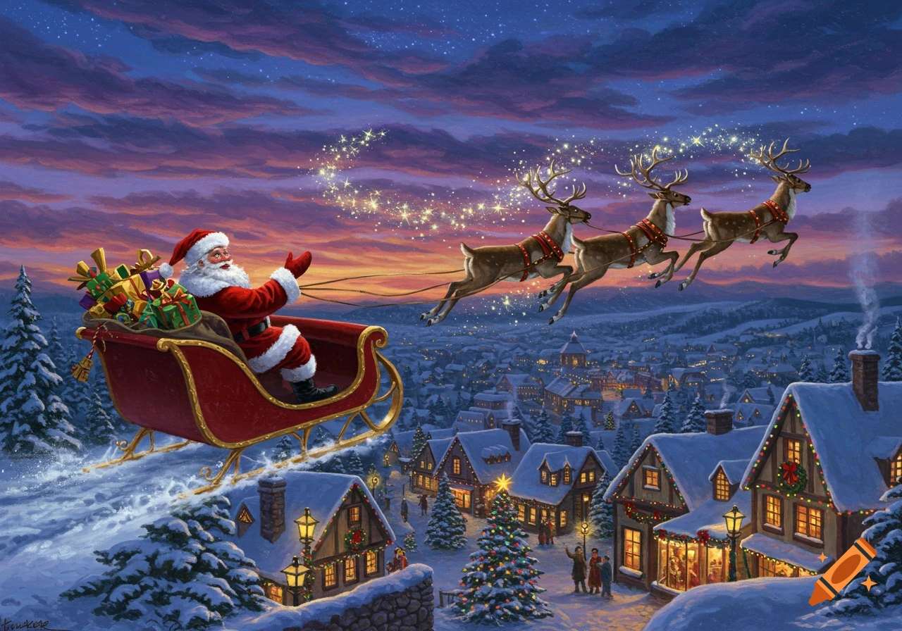 Painted scene of Santa Claus flying in his sleigh with reindeer over a ...