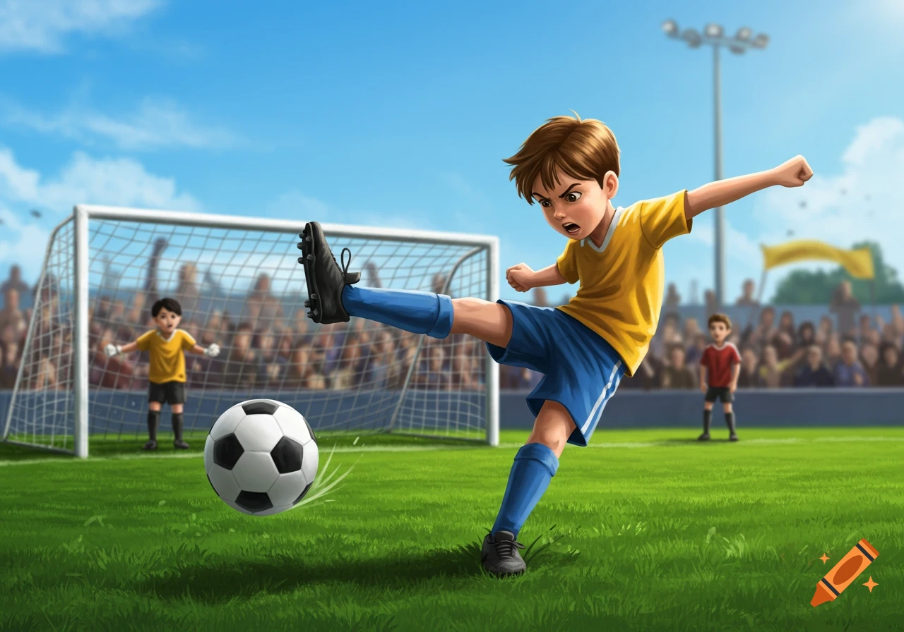 Five happy children with backpacks run past a soccer stadium with ...