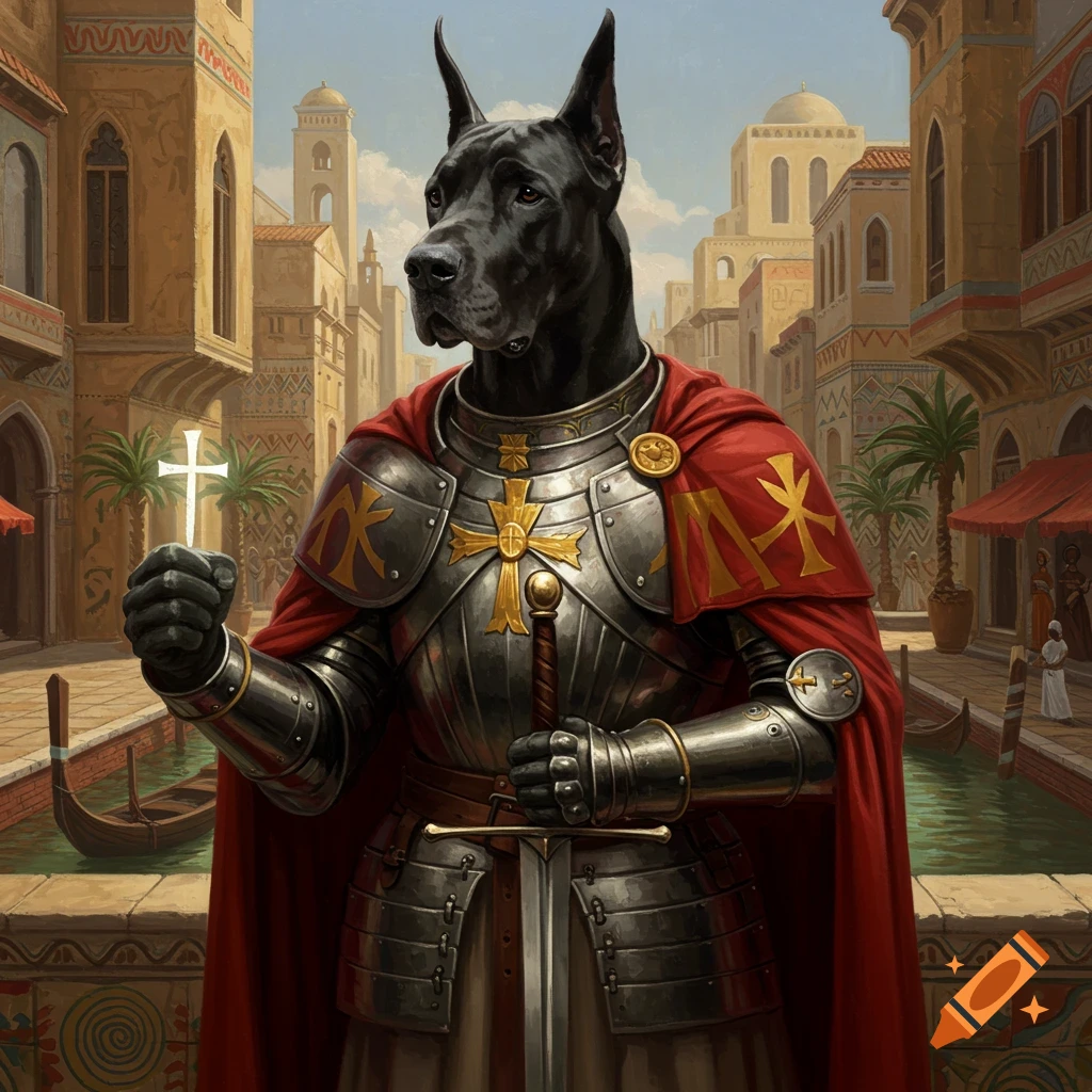 A Victorian oil painting portrait of a dachshund in full plate armor ...